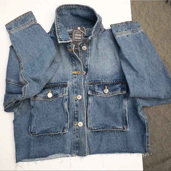 Jackets & Coats | Denim Jacket Cropped Cargo Pocket Raw Hem Blue New ...